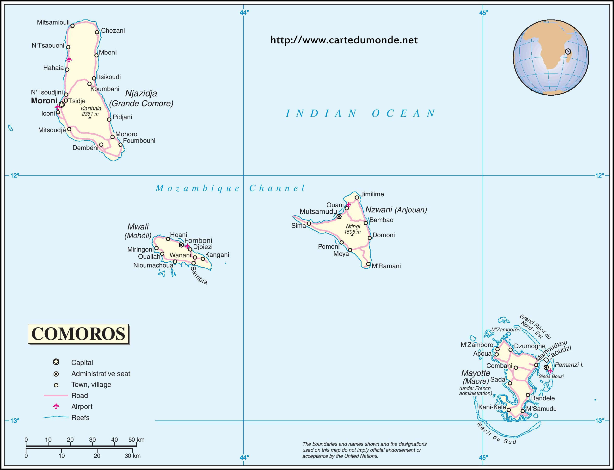 Groot Kaart Comoren op de Wereld kaart
